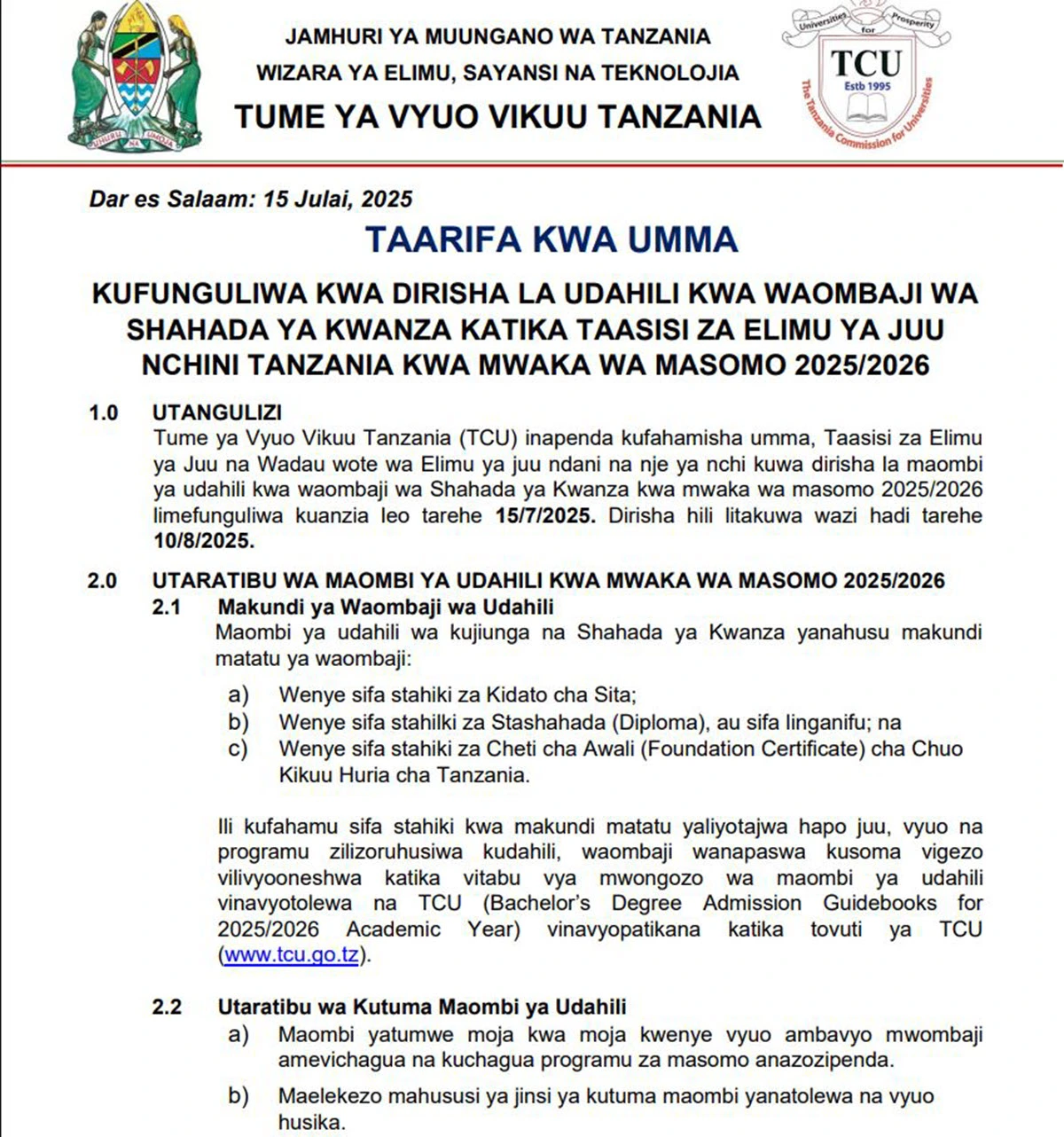 Mwisho wa Kutuma Maombi ya Vyuo 2025/2026 - KIDATO FORUM