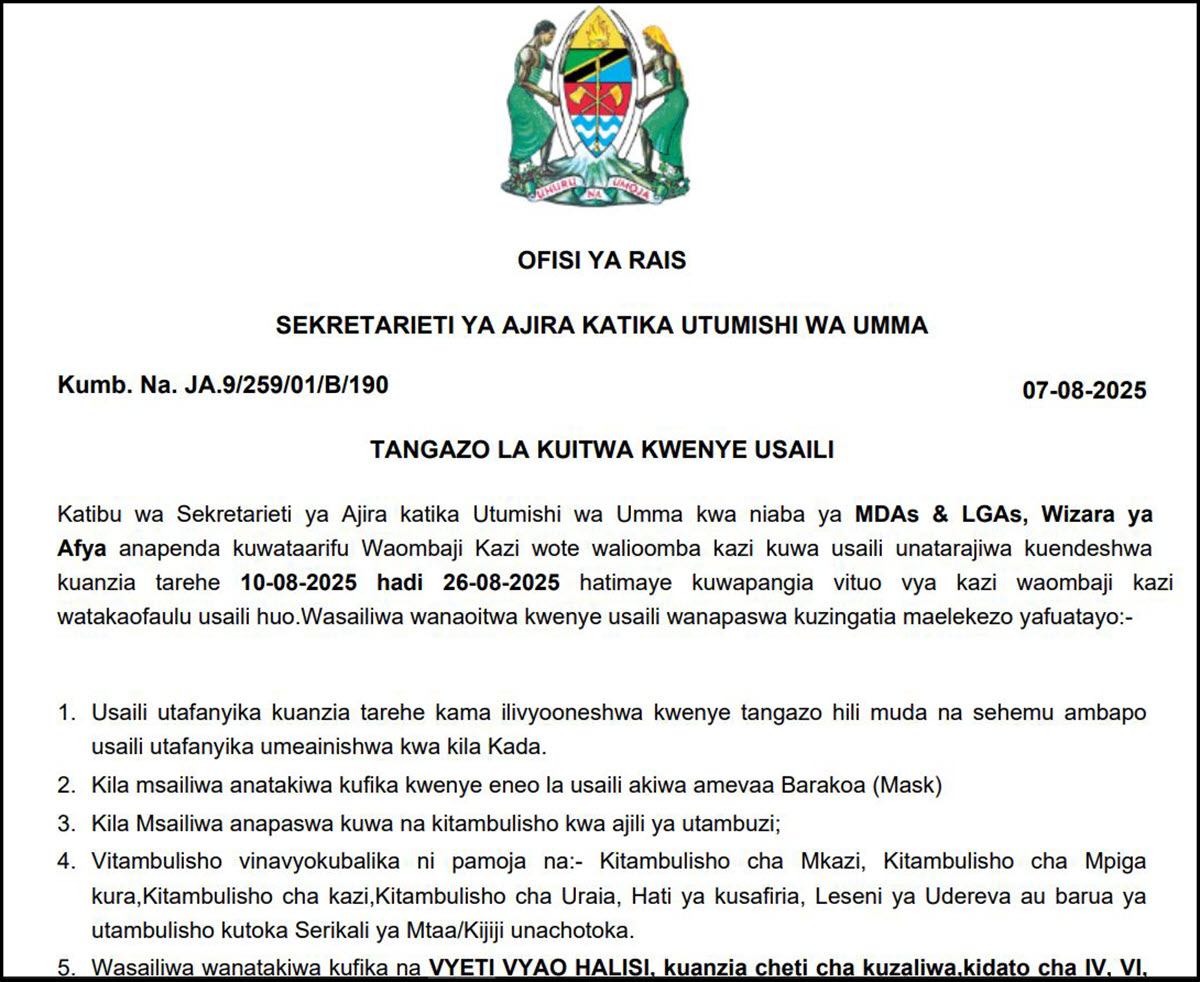 Majina ya Walioitwa Kwenye Usaili MDAs & LGAs na Wizara ya Afya Agosti 2025 - KIDATO FORUM
